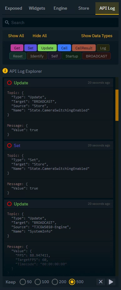 Replicate any Pixotope functionality - API Log tab